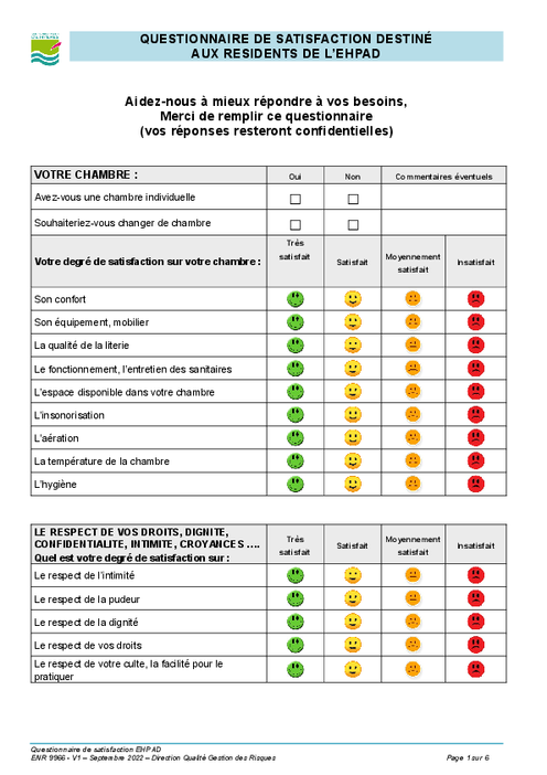Questionnaire de satisfaction - EHPAD - Centre hospitalier Hyères les ...